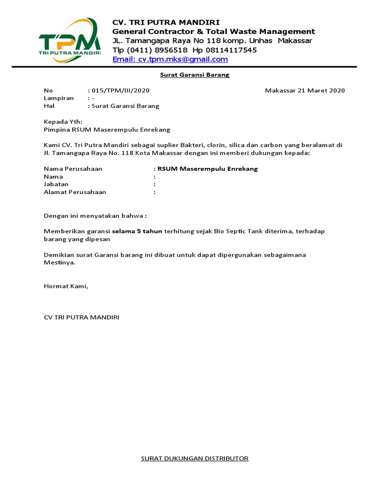 Surat Garansi Barang 2020 | PDF