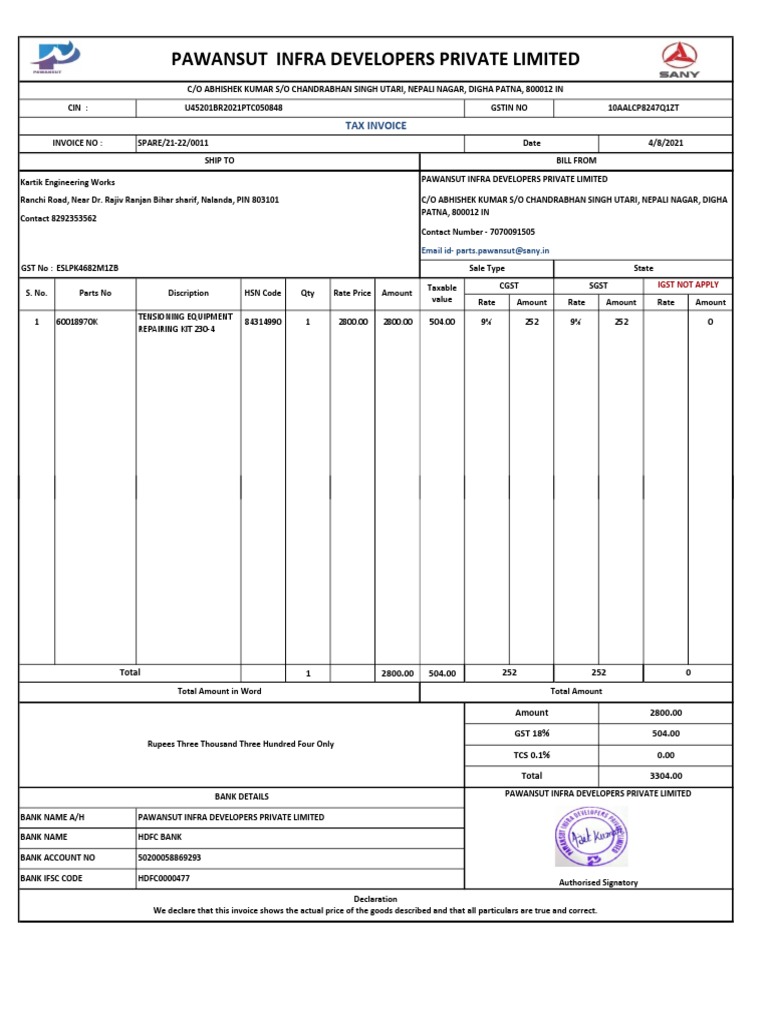 Pawansut Infra Developers Private Limited: Tax Invoice | Download Free ...
