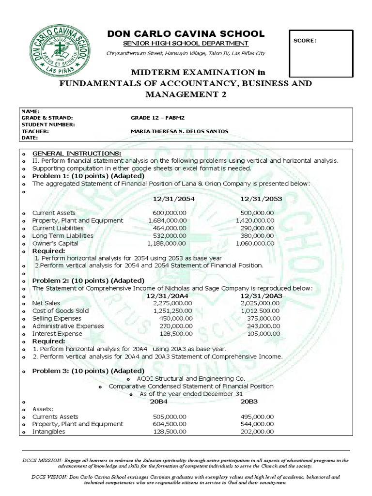 FABM MID TERMS Exam PERFORMANCE TASK | PDF | Balance Sheet | Income Statement