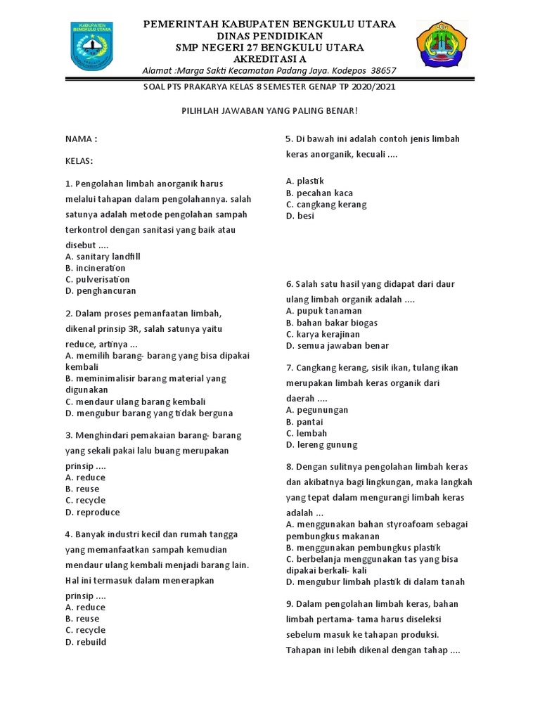 Soal PTS Prakarya Kelas 8 Genap | PDF | Griya & Taman