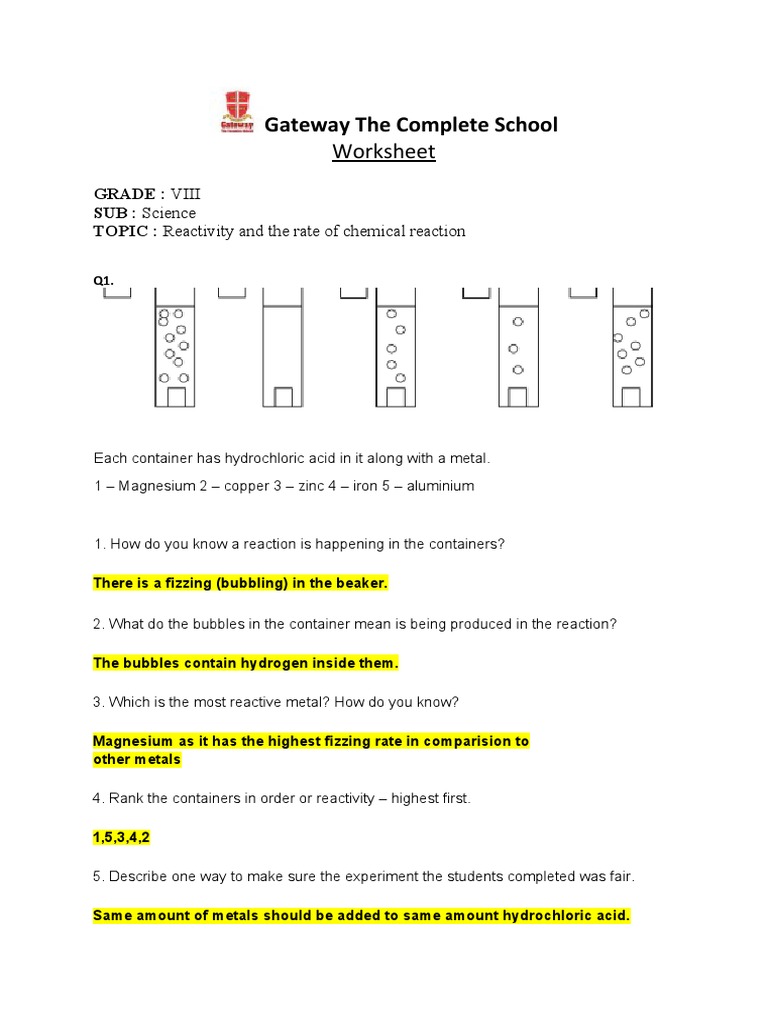 WORKSHEET - Reactivity & Rate of Chemical Reaction | PDF | Oxide ...