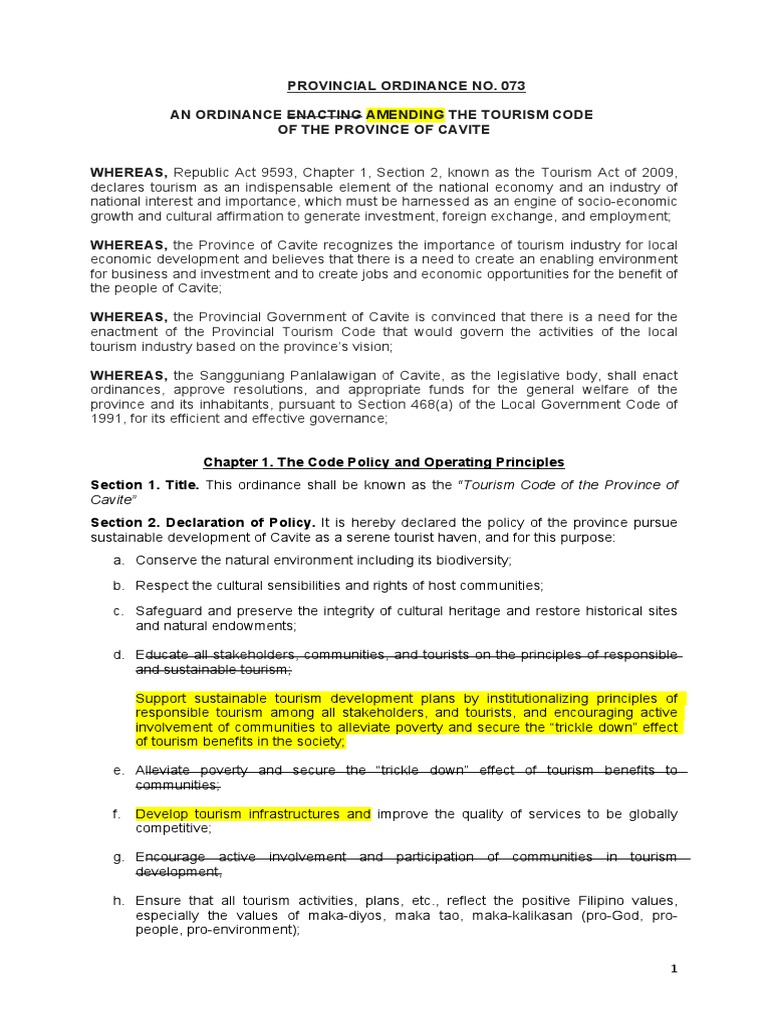 Cavite Provincial Tourism Code Ordinance | PDF | Tourism | Sustainability