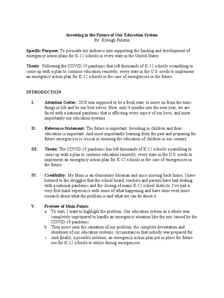 Persuasive Speech Outline | PDF | Teachers | Distance Education