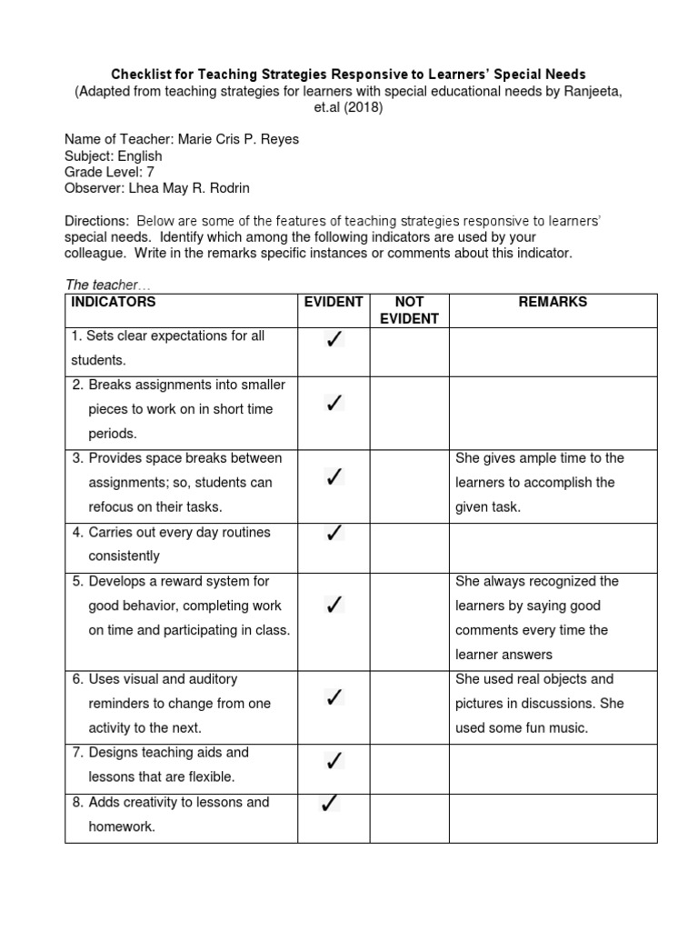 Checklist For Teaching Strategies Responsive To Learners | PDF ...