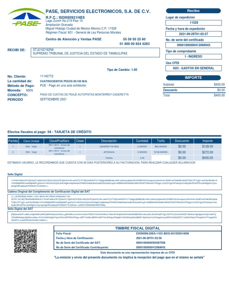 Pase, Servicios Electronicos, S.A. de C.V.: R.F.C.: ISD950921HE5 | PDF ...