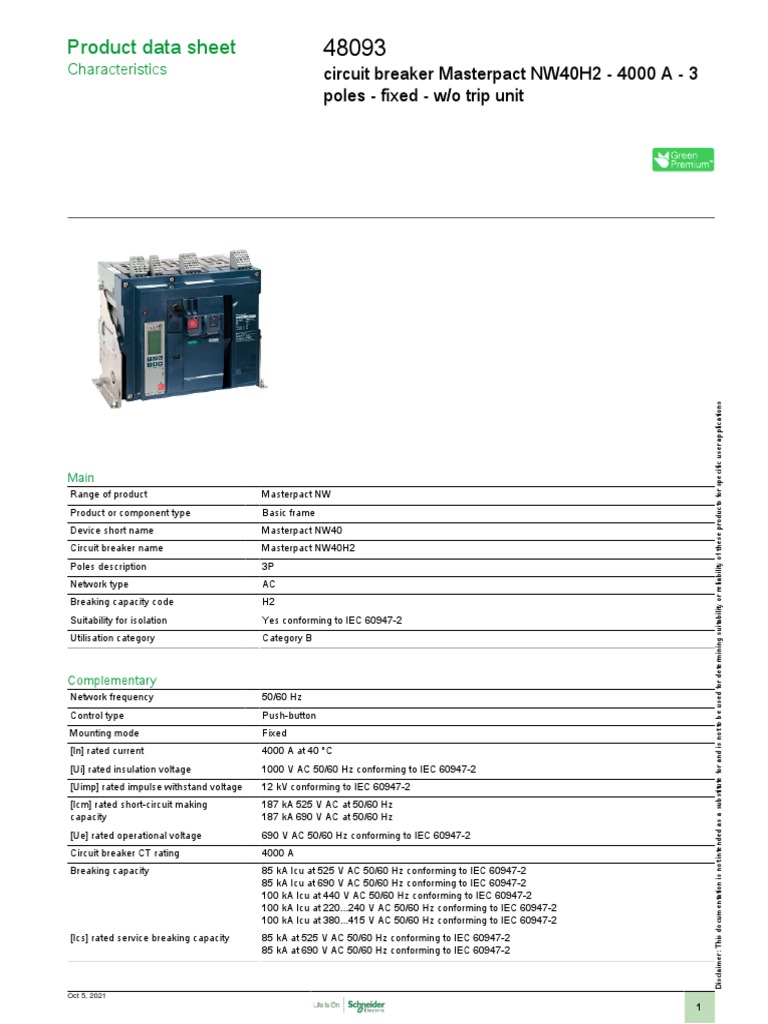 Product Data Sheet: Circuit Breaker Masterpact NW40H2 - 4000 A - 3 ...