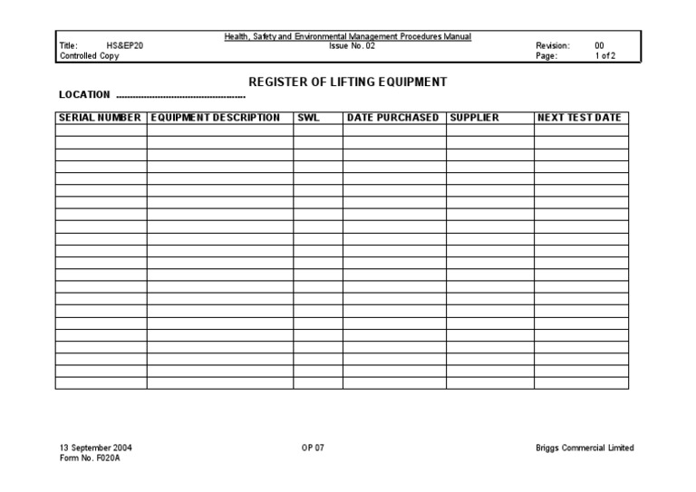 F020 Register of Lifting Equipment | PDF