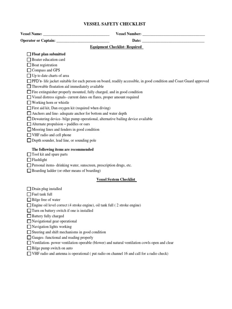 Vessel Safety Checklist | PDF | Manufactured Goods | Water Transport