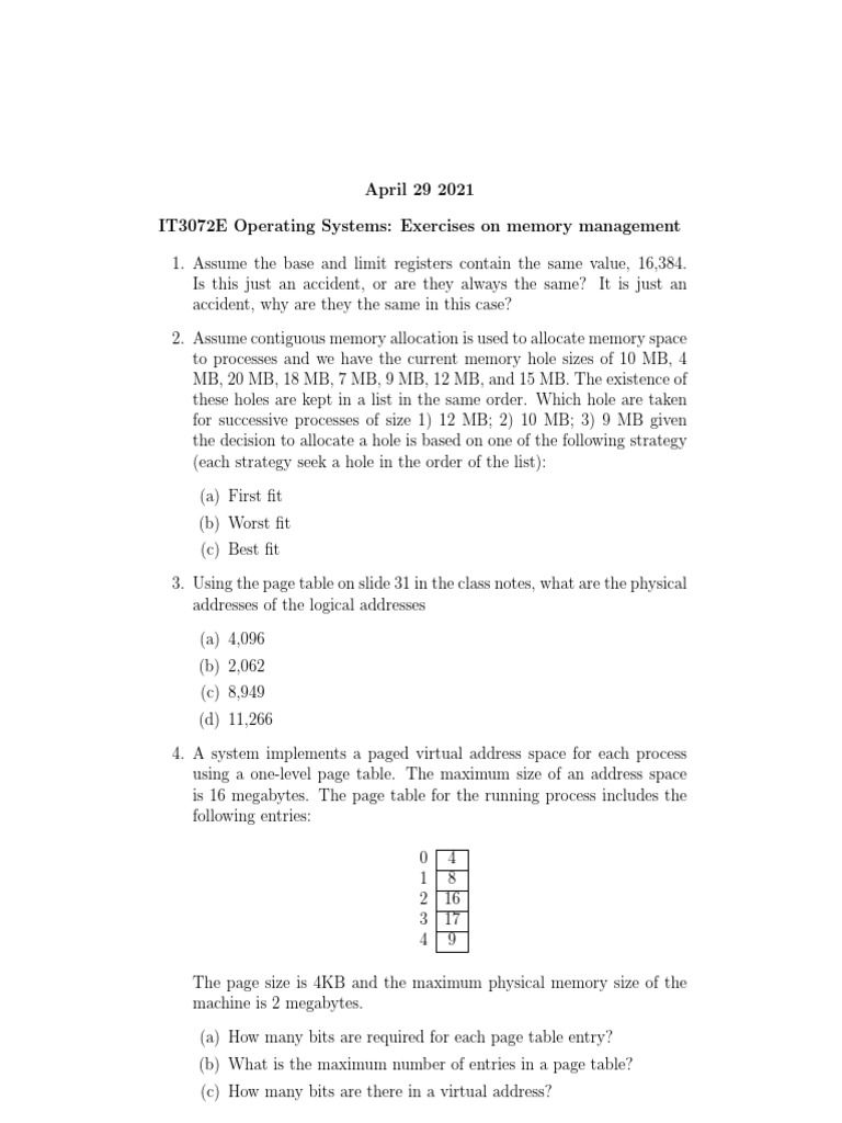 Exercises On Memory Management | PDF | Computer Data Storage | Computer ...