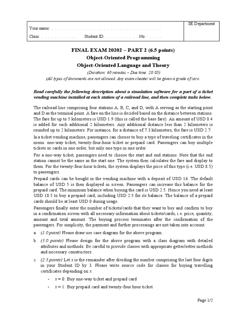 FINAL EXAM 20202 - PART 2 (6.5 Points) Object-Oriented Programming ...