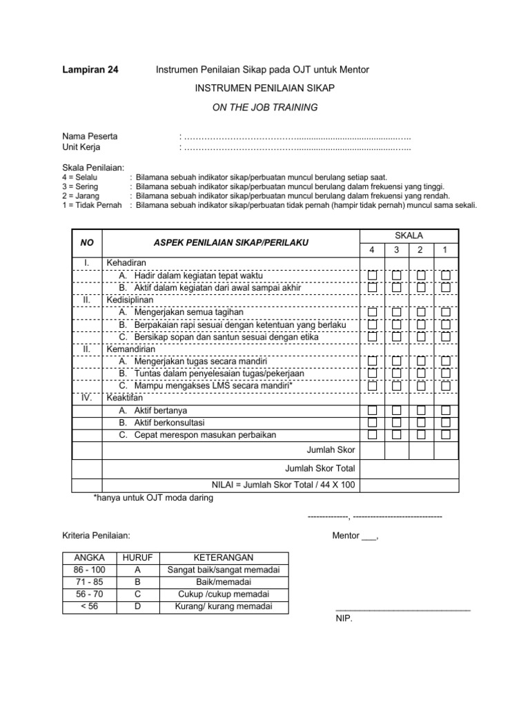Instrumen Penilaian Sikap Pada OJT Untuk Mentor | PDF