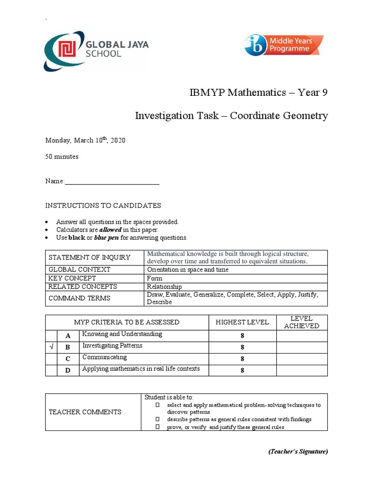 9MYP - Investigation Criterion B - Coordinate Geometry - Fixed | PDF ...