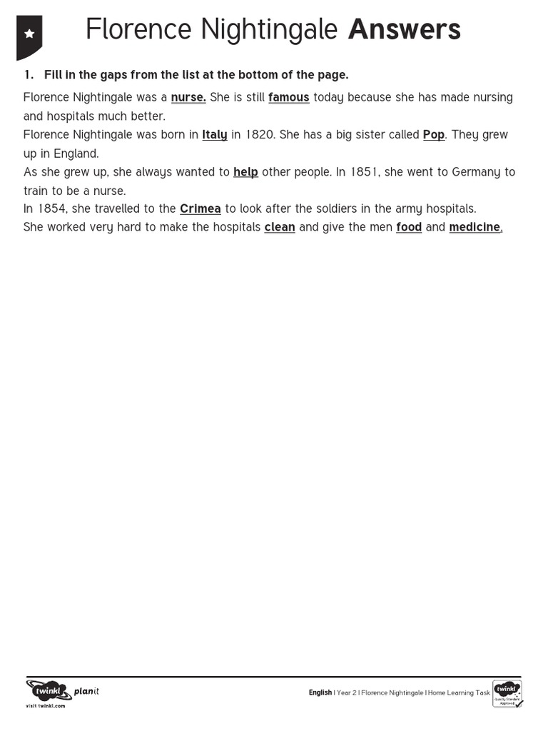 English: - Year 2 - Florence Nightingale - Home Learning Task | PDF