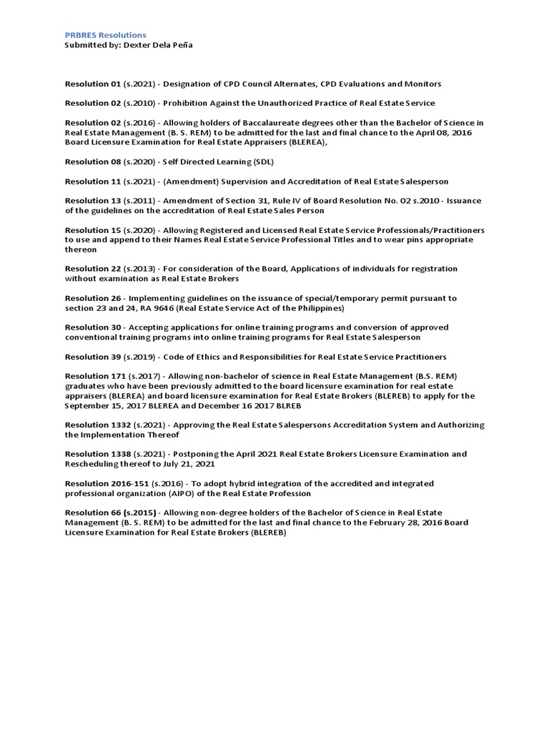 PRBRES Resolutions | PDF | Licensure | Real Estate Broker