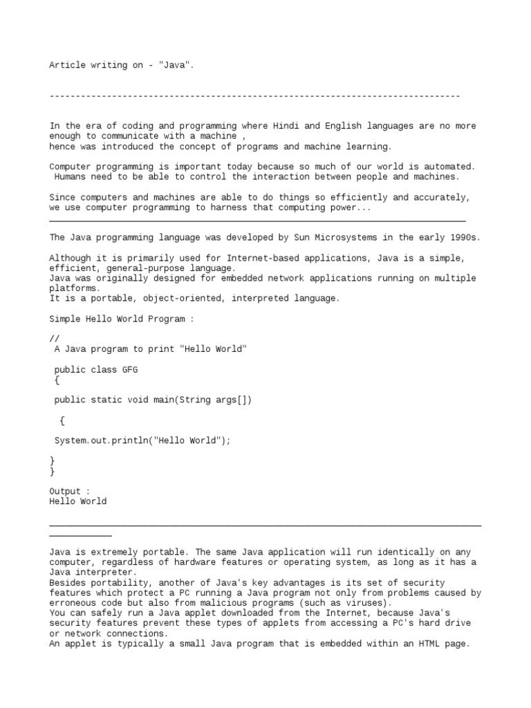 Article On Java | PDF | Java (Programming Language) | Method (Computer Programming)
