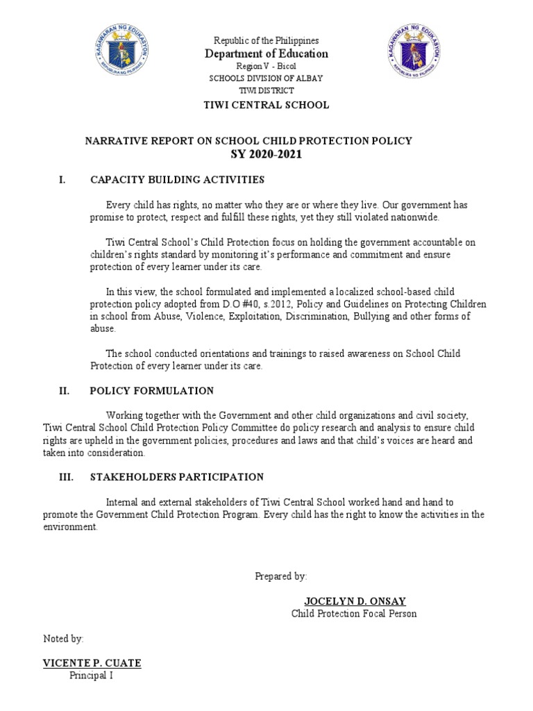 Narrative Report On School Child Protection Policy S.Y 2020-2021 | PDF