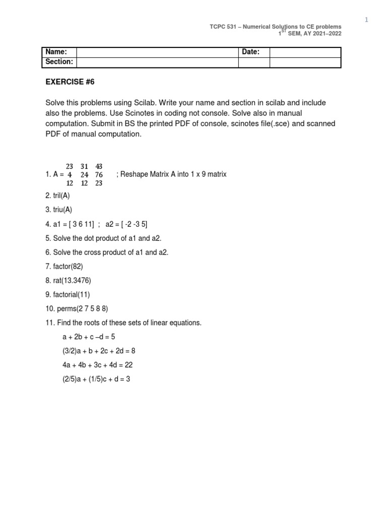 Exercise #6: Name: Date: Section | PDF
