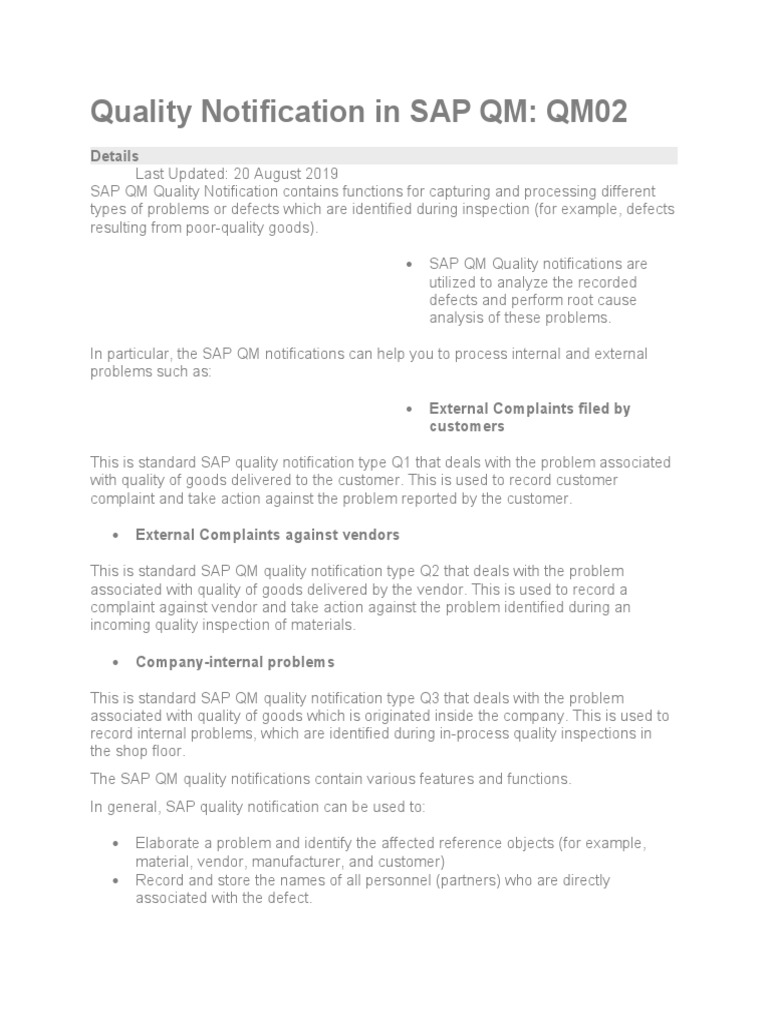 Quality Notification in SAP QM: QM02: Details | PDF | Quality ...
