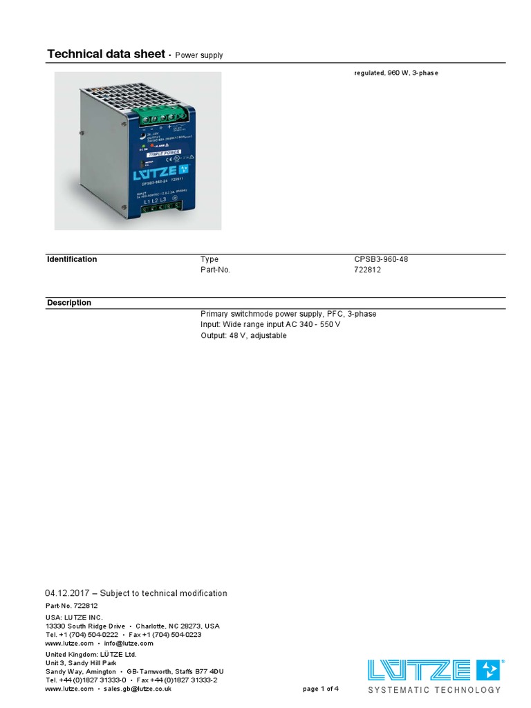 Technical Data Sheet : Power Supply | PDF | Power Supply | Alternating ...