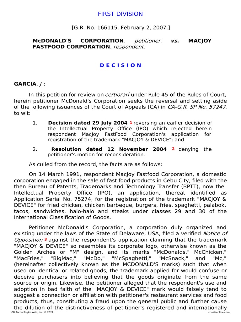 McDonald's Corporation v. Macjoy Fastfood Corporation, G.R. No. 166115 ...