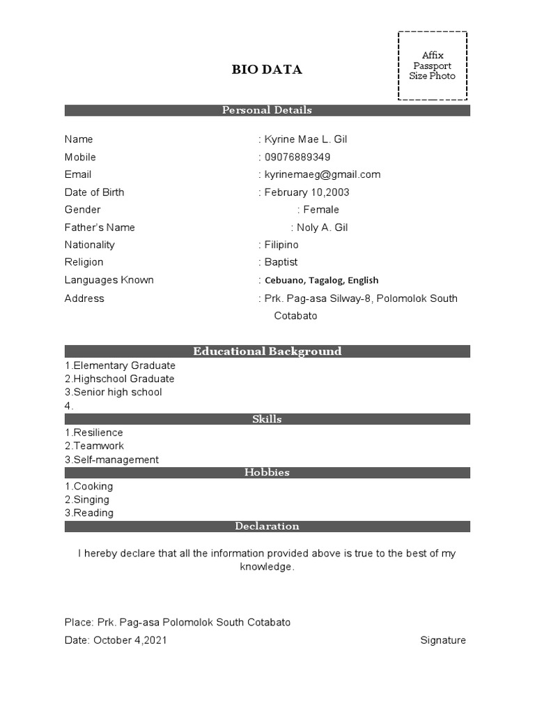 Bio Data Format For Freshers | PDF