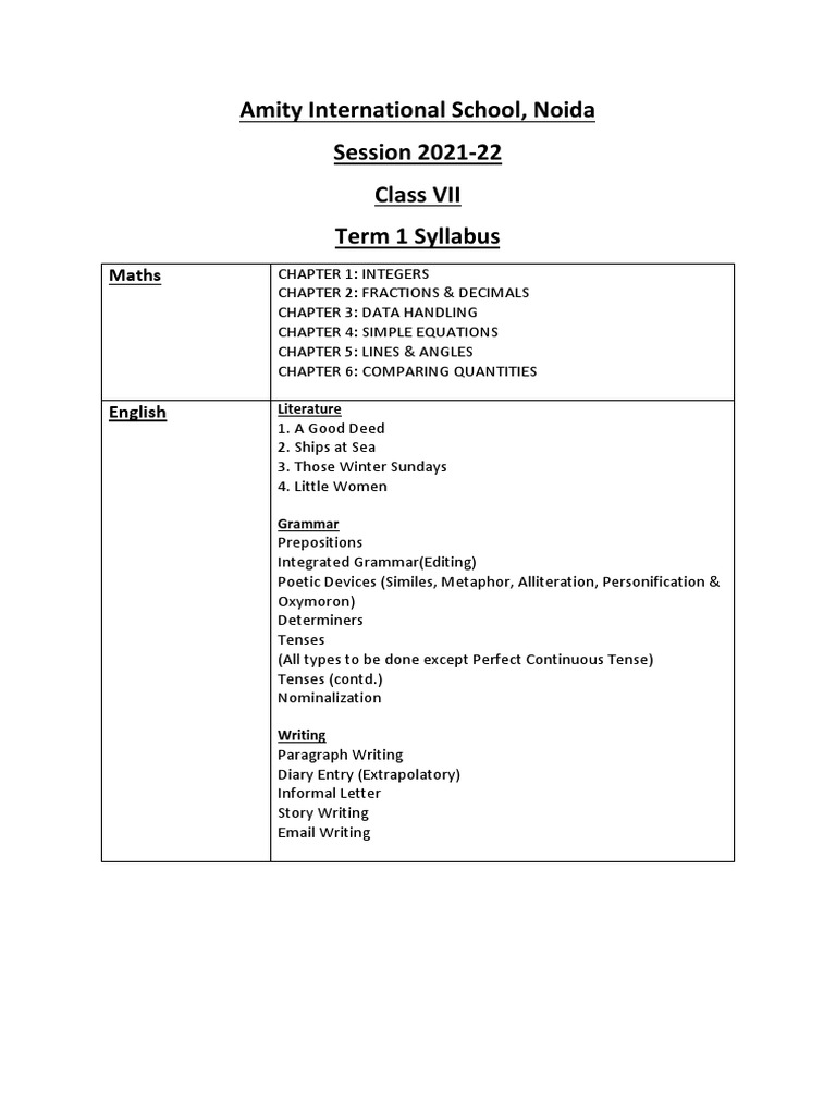 Amity International School, Noida Session 2021-22 Class VII Term 1 Syllabus | PDF | Linguistics ...