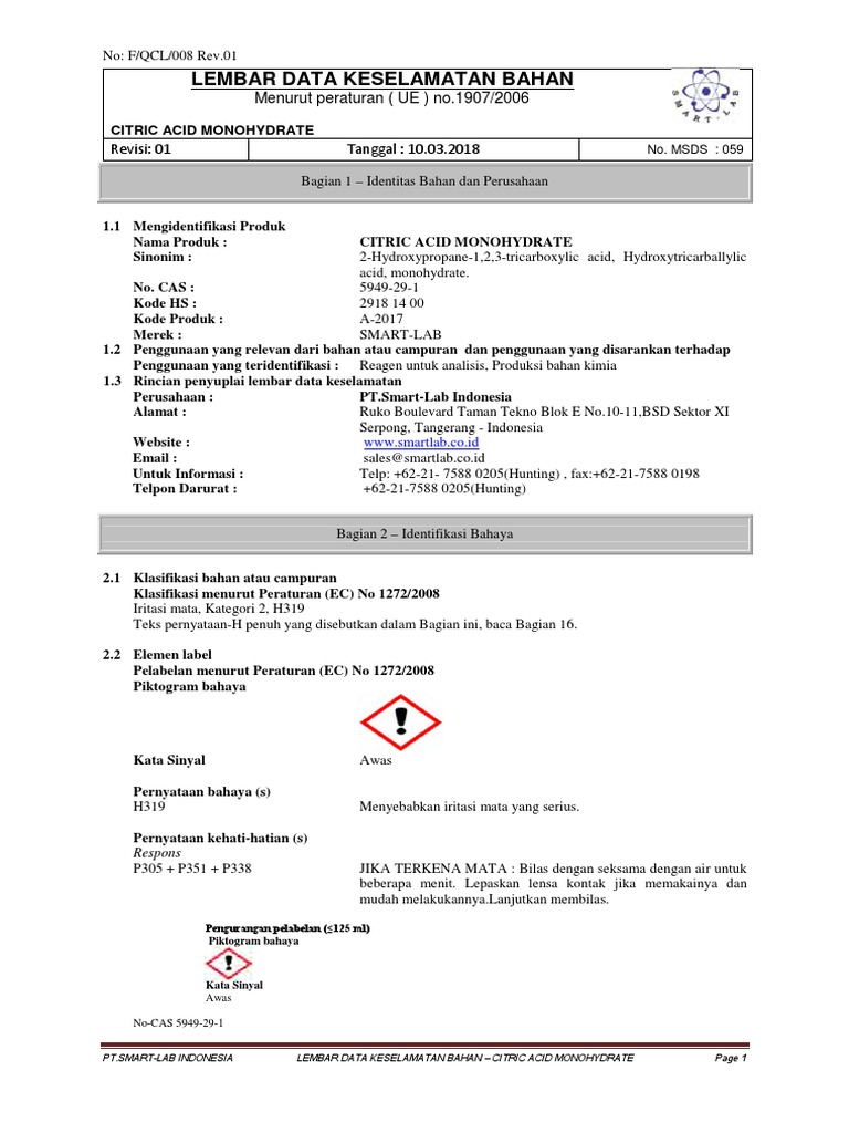 MSDS Citric Acid Monohydrate (Indo) | PDF