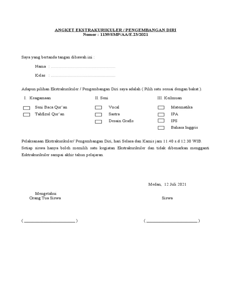 Angket Ekstrakurikuler Tahun 2021-2022 | PDF