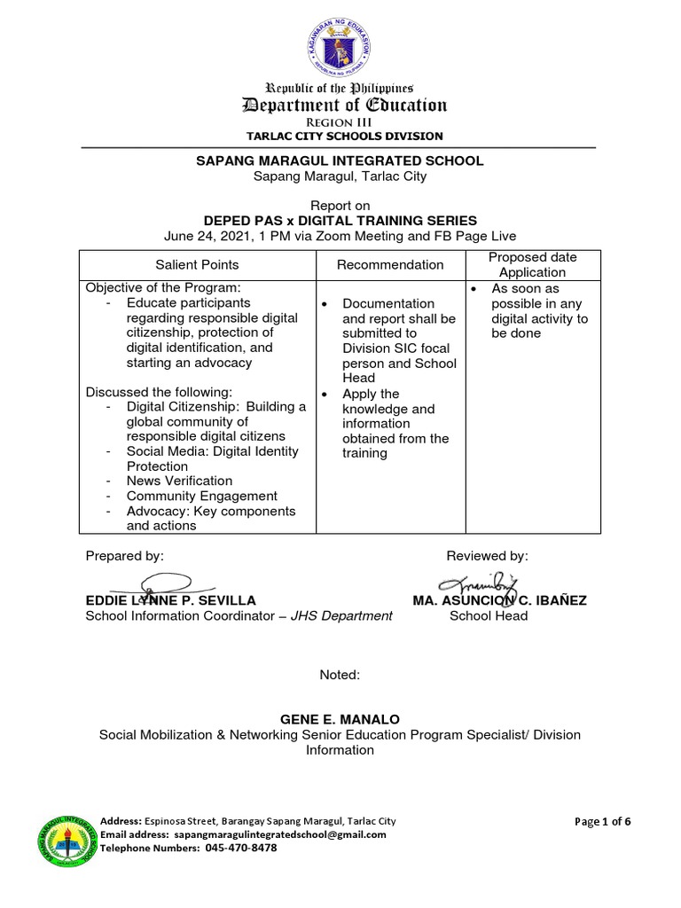 DepEd Tayo Training Series Accomplishment Report Sapang Maragul ...