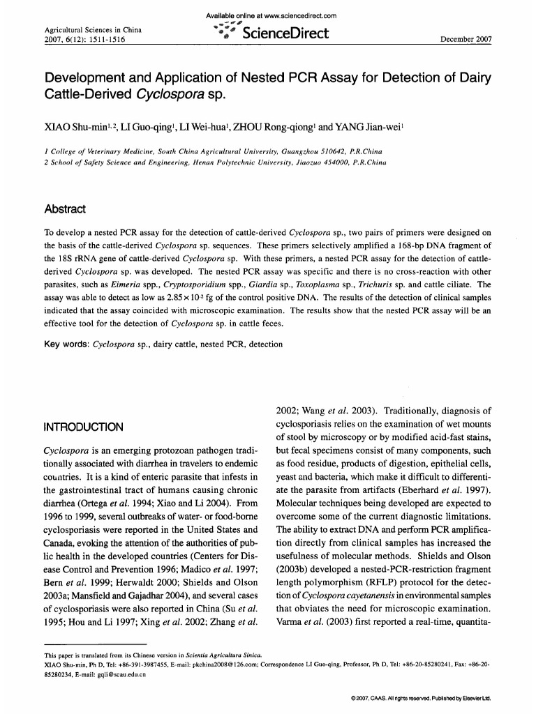Development And Application Of Nested Pcr Assay For Detection Of Dairy