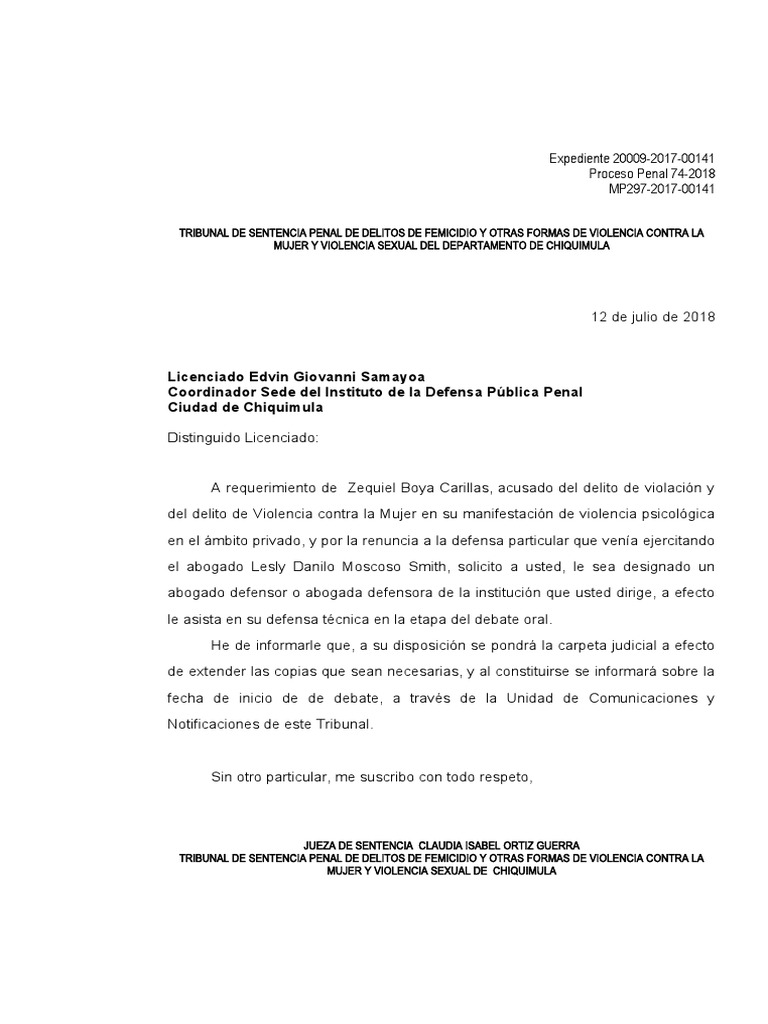 Oficio Nombrar Abogado Defensor Público PP 74-2018 | PDF