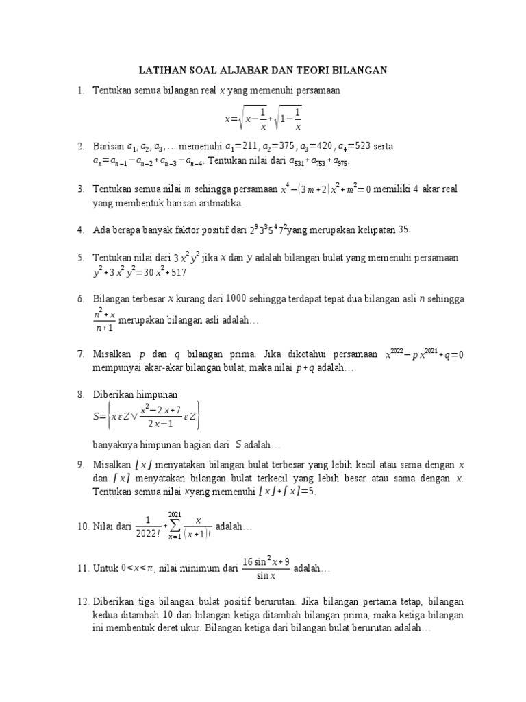 Latihan Soal Aljabar Dan Teori Bilangan | PDF