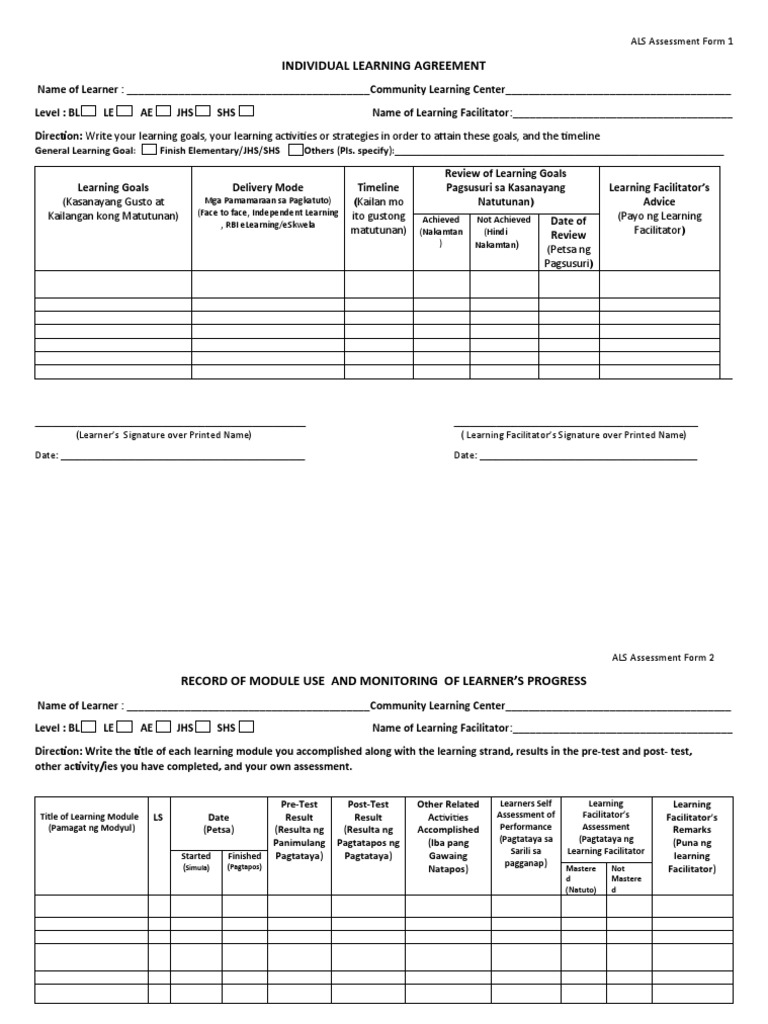 ALS Individual Learning Assessment Forms | PDF | Psychological Concepts ...