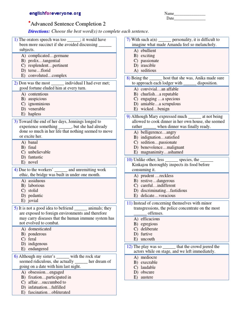 Advanced Sentence Completion - 2 | PDF