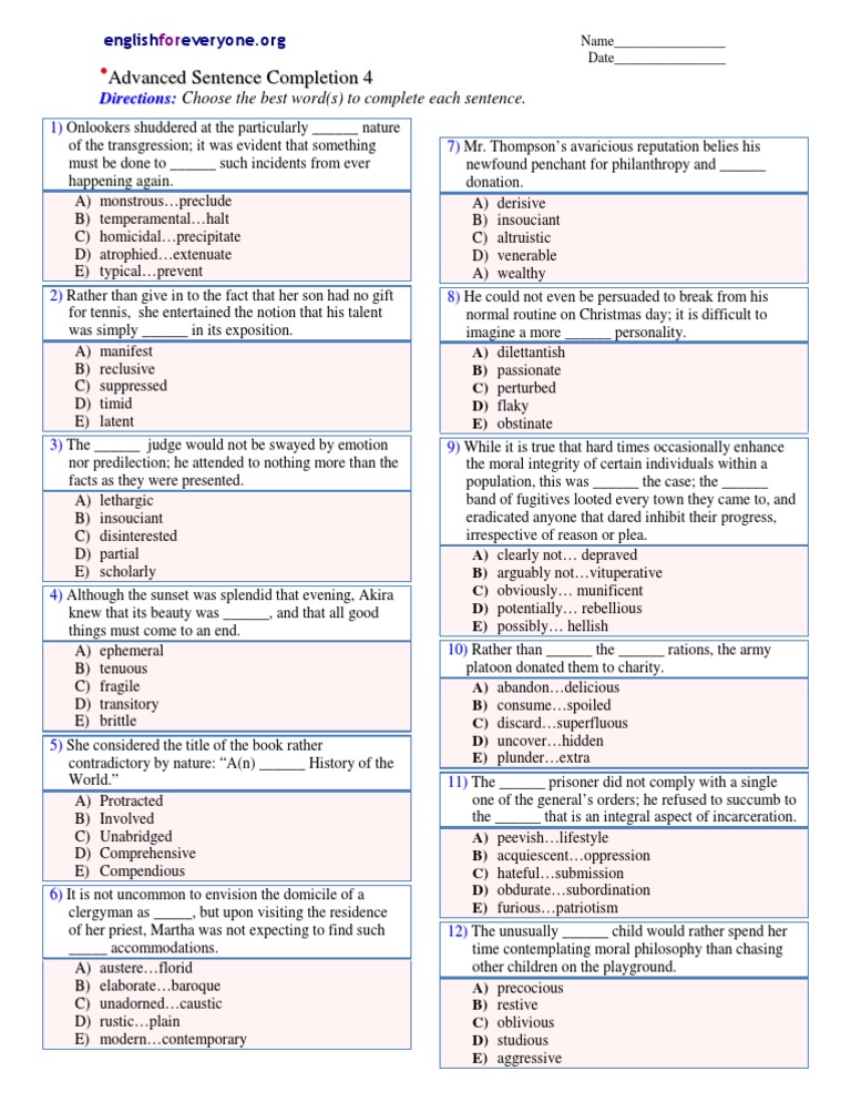 Advanced Sentence Completion - 4 | PDF | Psychological Concepts