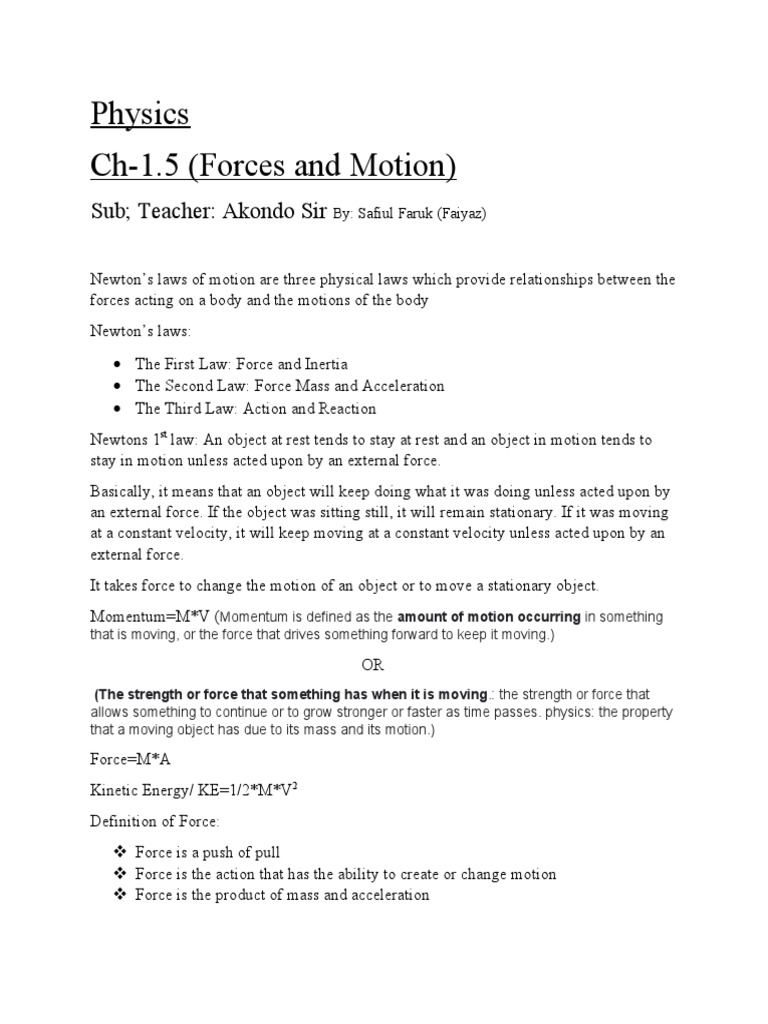 Physics ch-1.5 (Forces and Motion) | PDF | Force | Inertia