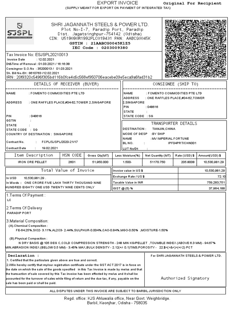 Export Invoice for Shipment of 51,970 Metric Tons of Iron Ore Pellets ...