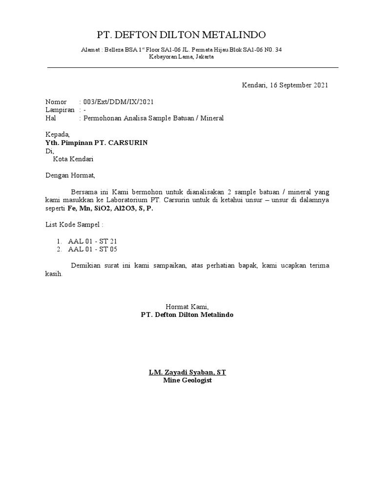 003 - Surat Pengantar Sample PT. Defton Dilton Metalindo | PDF