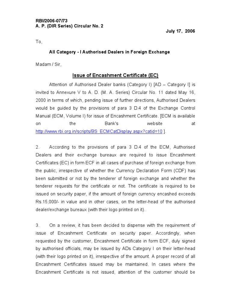 Issue of Encashment Certificate (EC) | PDF | Foreign Exchange Market ...