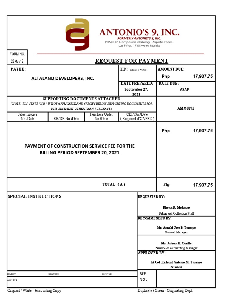 Payment Request for Altaland Developers | PDF | Payments | Economies