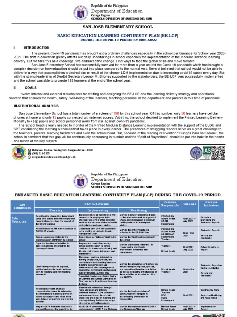 Department of Education: Basic Education Learning Continuity Plan (Be ...