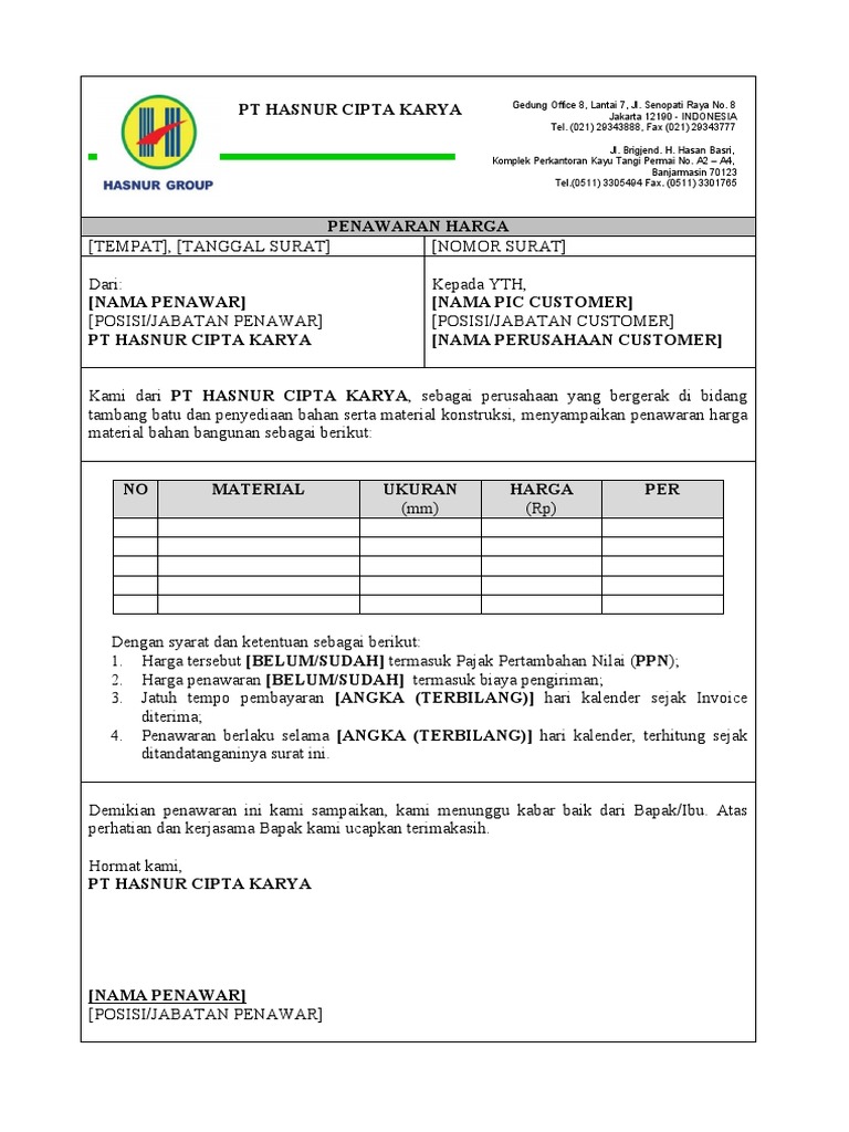 Form Penawaran Harga - HCK - MK | PDF