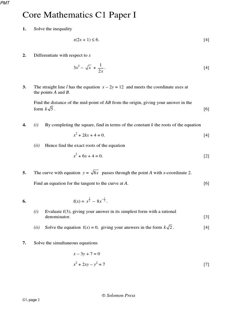 Analysis of a Core Mathematics C1 Paper I Exam with Solutions to ...