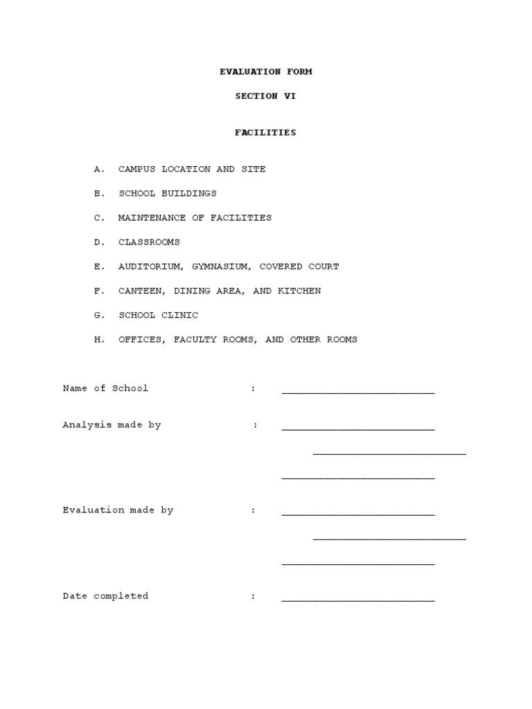 Vi - Facilities Physical Plant Evaluation Form | PDF | Classroom ...