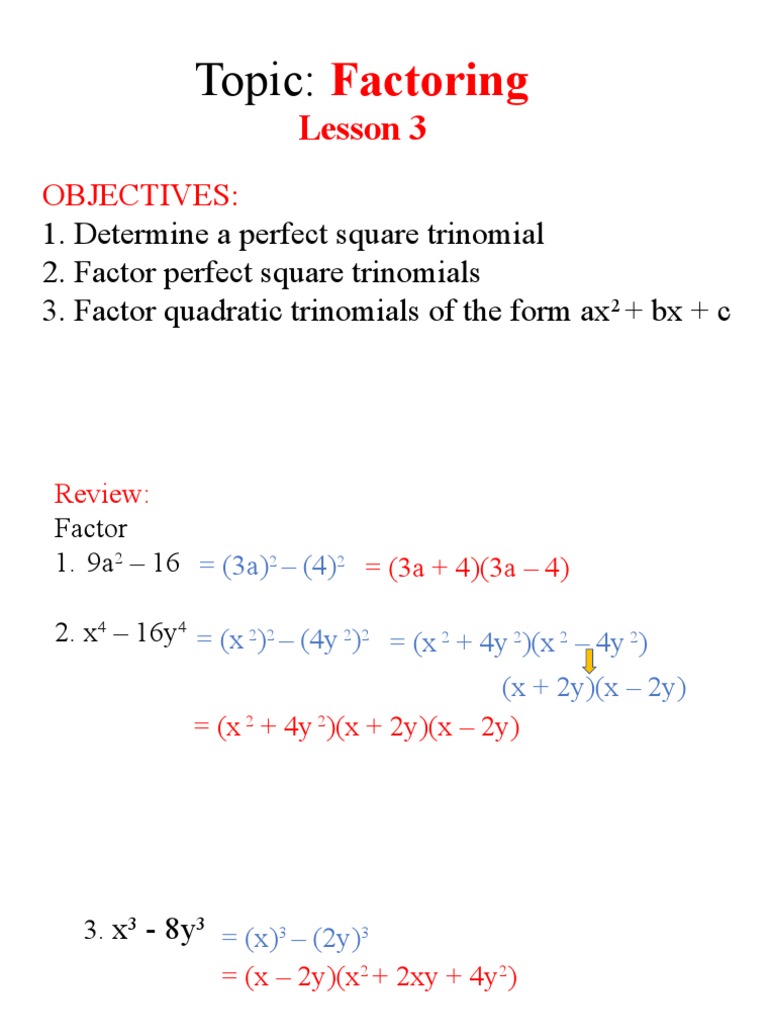 Factoring Part 3 Pstj General Trinomial Year2 Pdf Quadratic Equation Algorithms