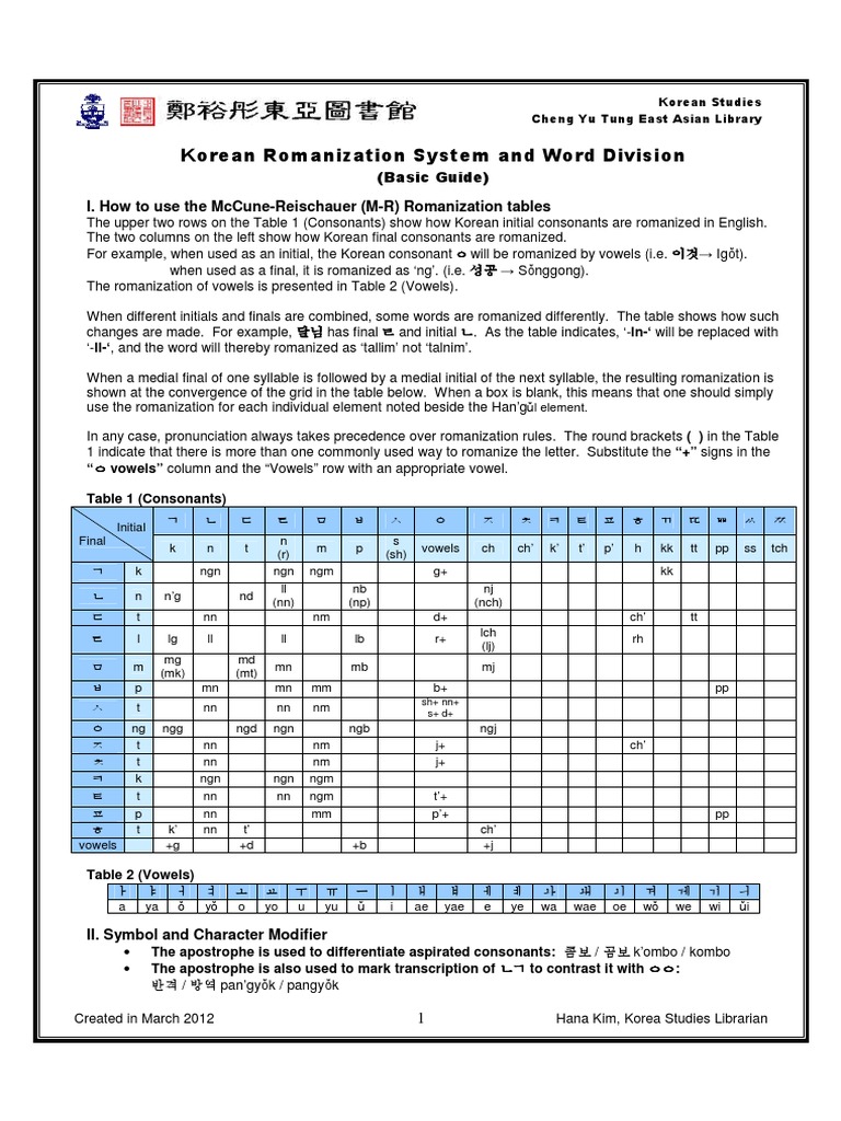 Korean Romanization System and Word Division: I. How To Use The Mccune ...