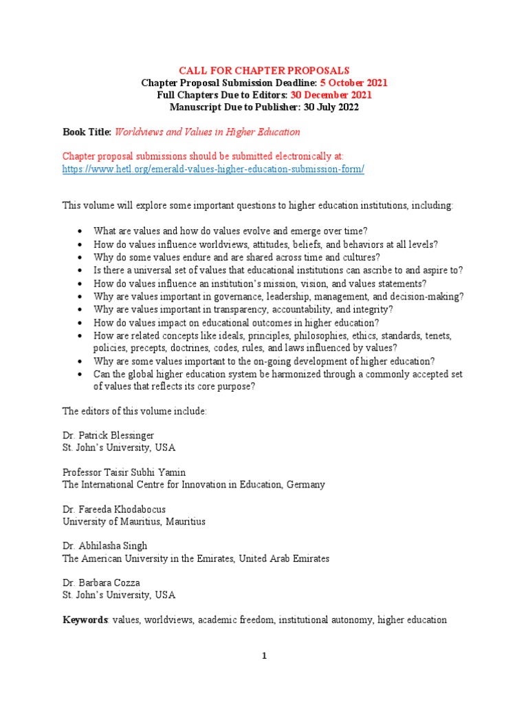 CALL FOR CHAPTER PROPOSALS Worldviews and Values in HE | PDF | Value ...