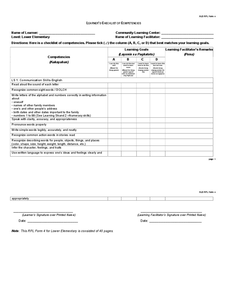 RPL 4 - Learner - S Checklist of Competencies (LE) | PDF ...