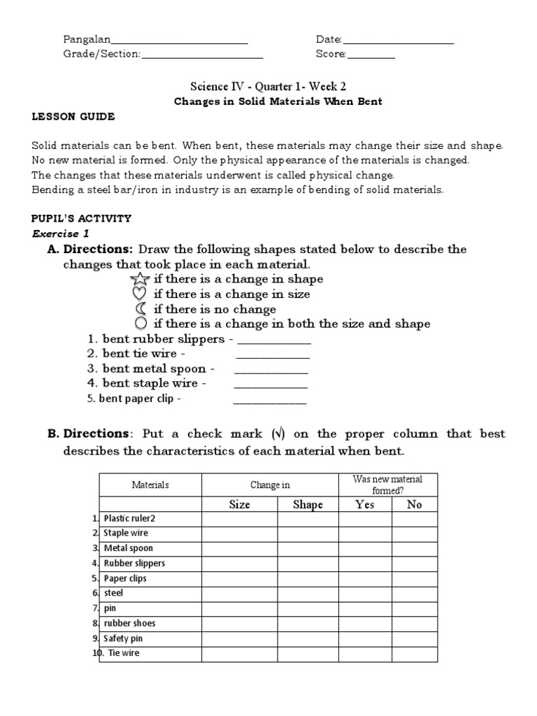 Science4 Q1w2 Worksheet Pdf Wire Building Materials