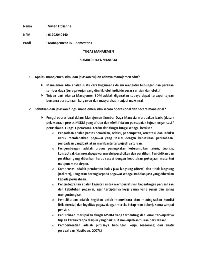 Tugas MK 2021 Manajemen Sumber Daya Manusia (Vivien Fitrianna - MNJ R2) | PDF | Karier ...